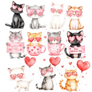 Cute Valentine Cat Clipart - Watercolor - Valentine Cats Clipart - Png ...