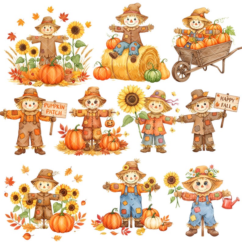 Cute Scarecrow Clipart - Watercolor - Fall Clipart - Scarecrow ...