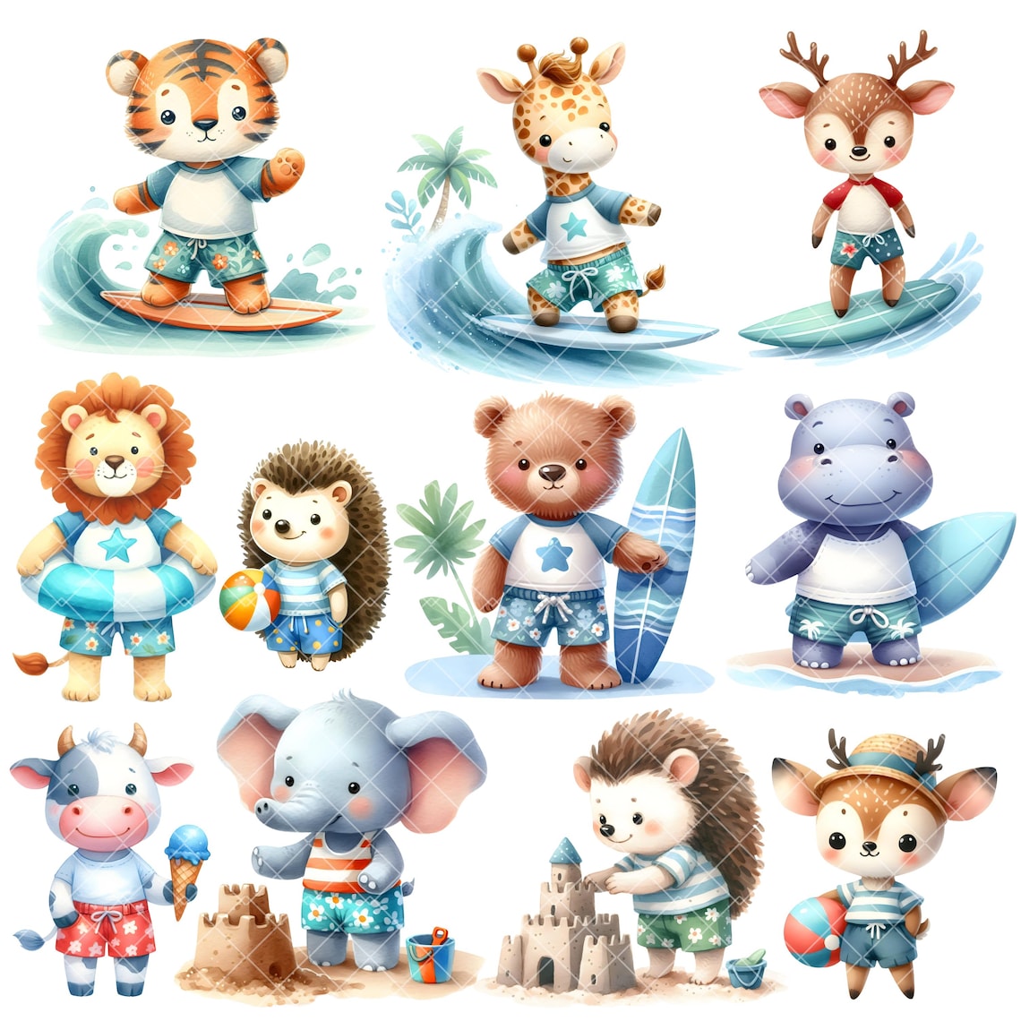Cute Summer Animals - Watercolor Clipart - Kids Summer Png - Bear ...