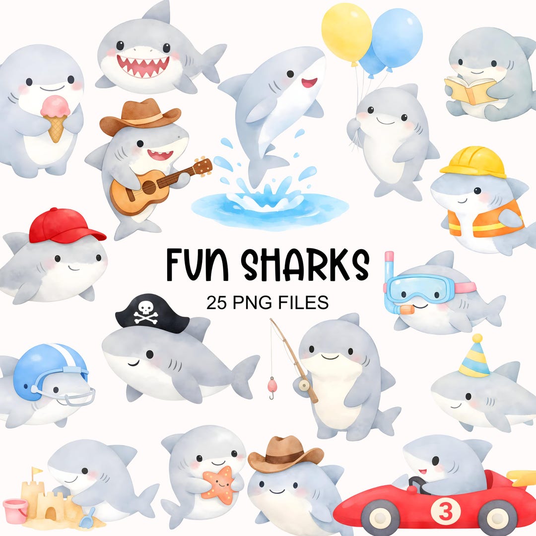 Shark Clipart - Watercolor - Cute Sharks Png - Commercial Use - Etsy