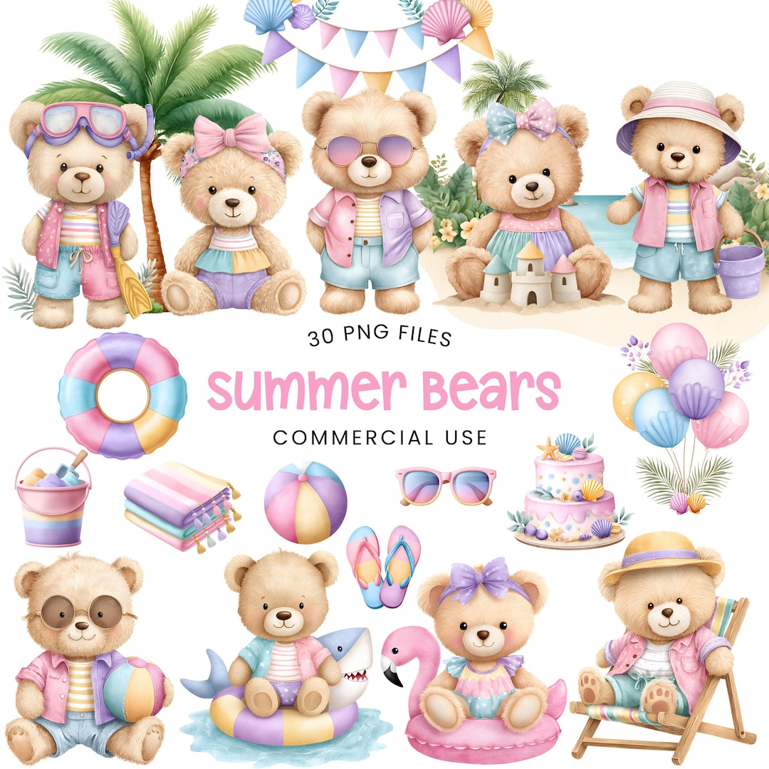 Summer Teddy Bear Clipart – Watercolor Beach Bears, Pastel Nursery Art ...