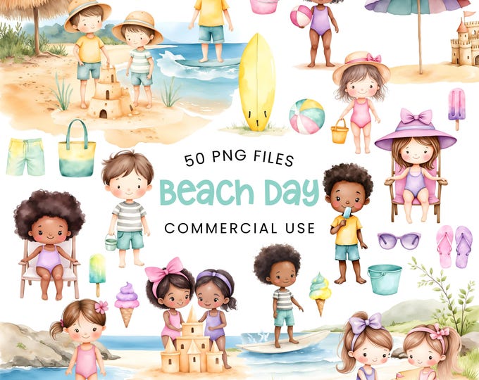 Girls at the Beach Clipart - Clip Art and Digital Paper Set - Digital ...