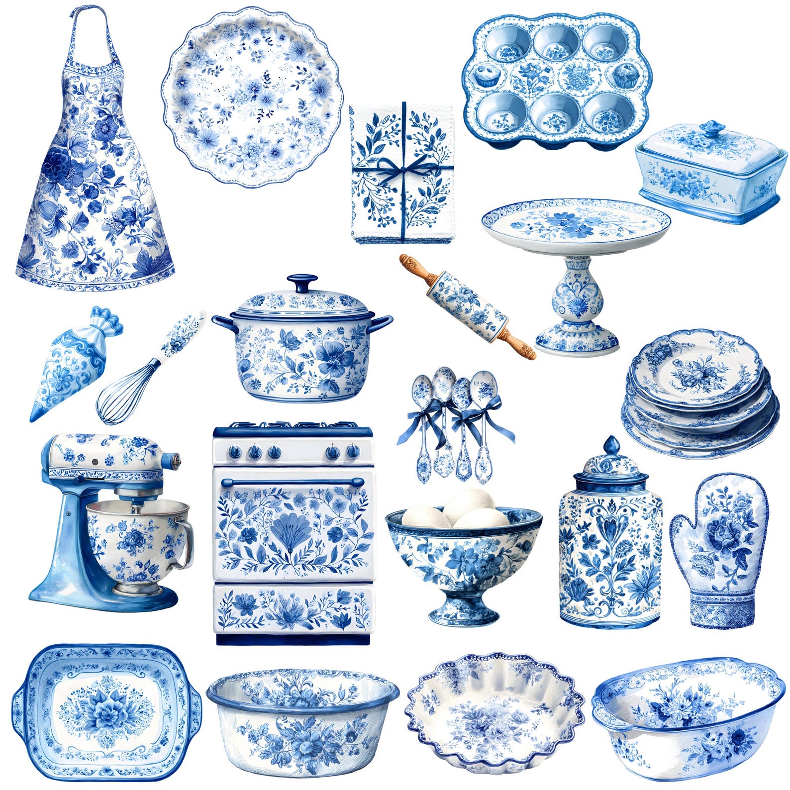 Blue Floral Baking Clipart - Watercolor - Vintage Baking Png - Bakery ...