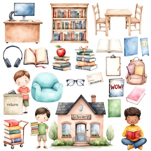 Library Kids Clipart - Watercolor - Book Png - Reading Clipart - School ...