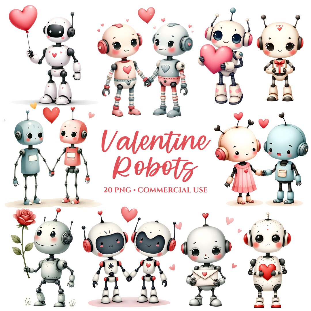 Valentine Robots Clipart - Watercolor - Valentine Png - Cute Robot ...
