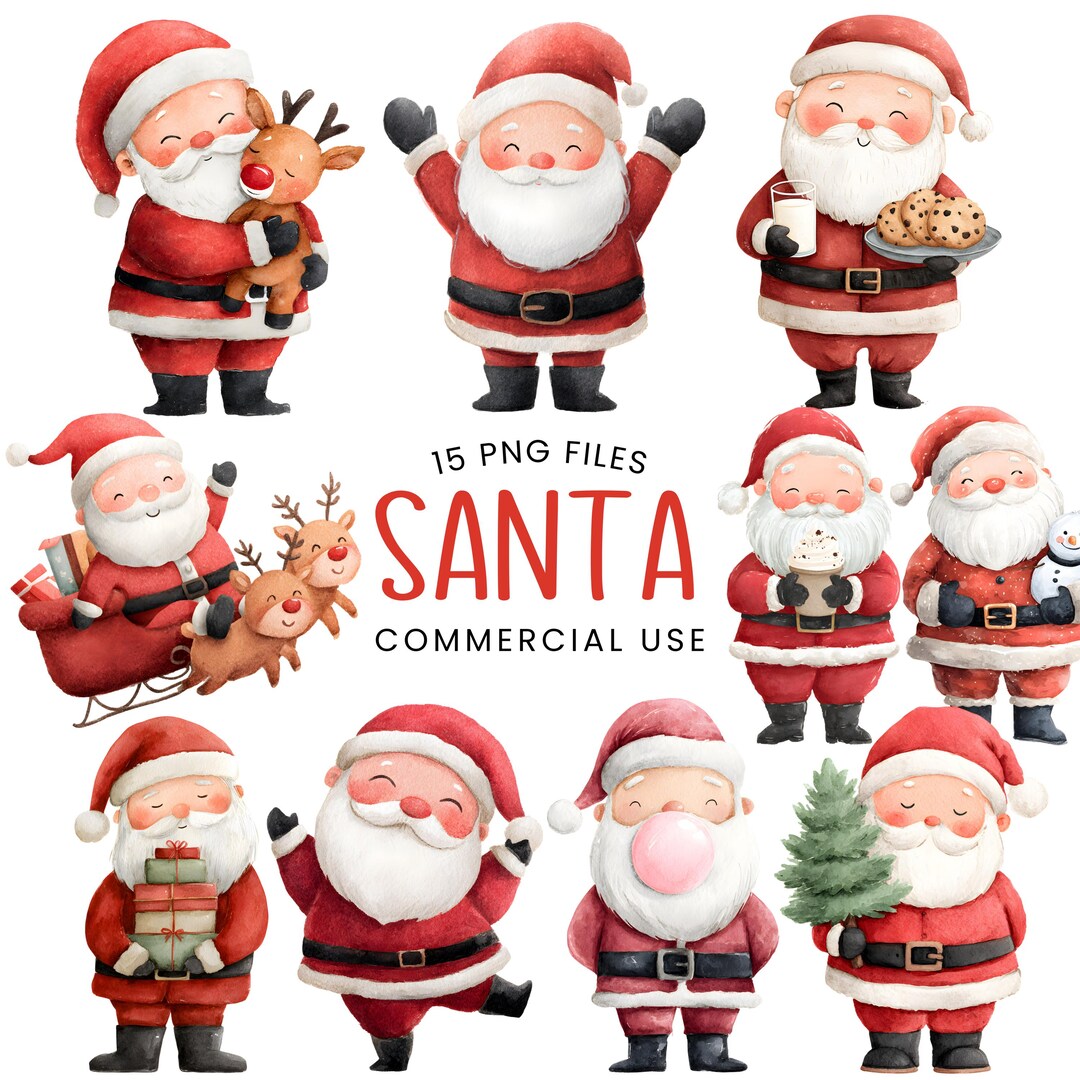 Santa Clipart - Watercolor - Cute Santa Png - Sublimination - Christmas ...