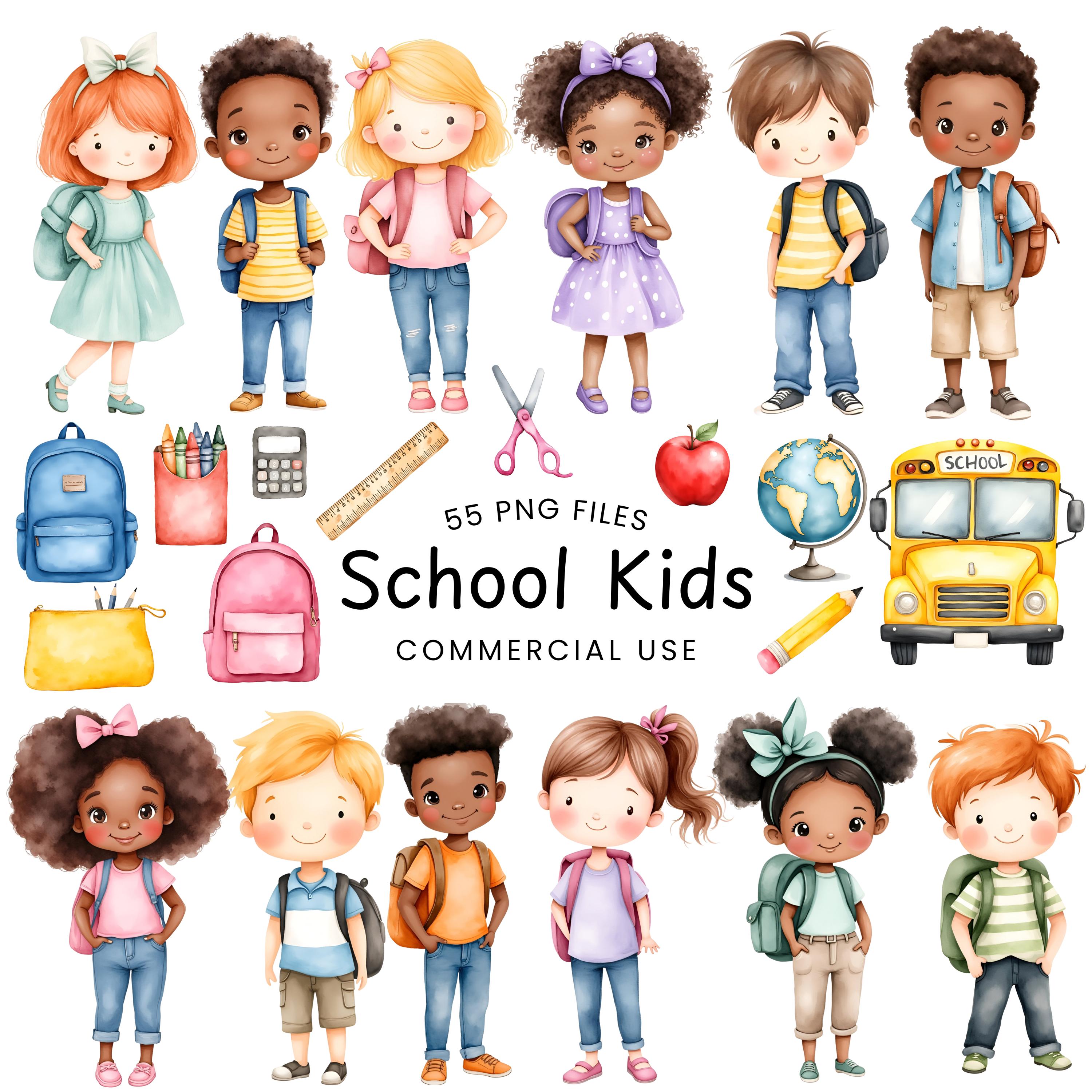 School Kids Clipart - Watercolor - Back to School Png - Cute Kids ...