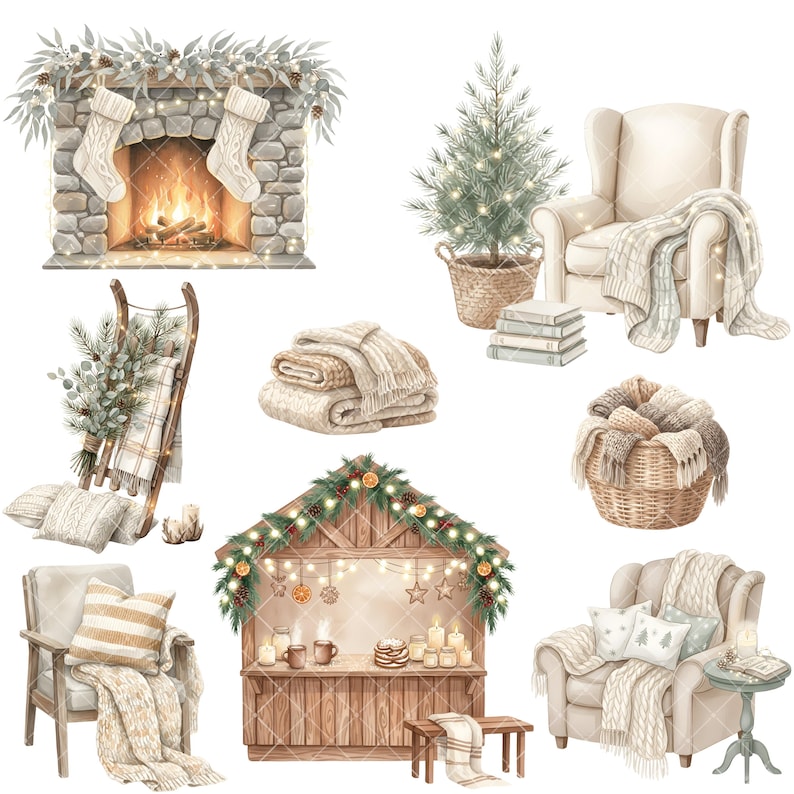 Hygge Christmas Clipart - Watercolor - Neutral Christmas Png - Cozy ...