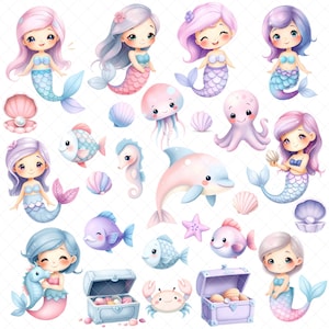 Cute Mermaid Clipart - Watercolor - Under the Sea - Png - Instant ...