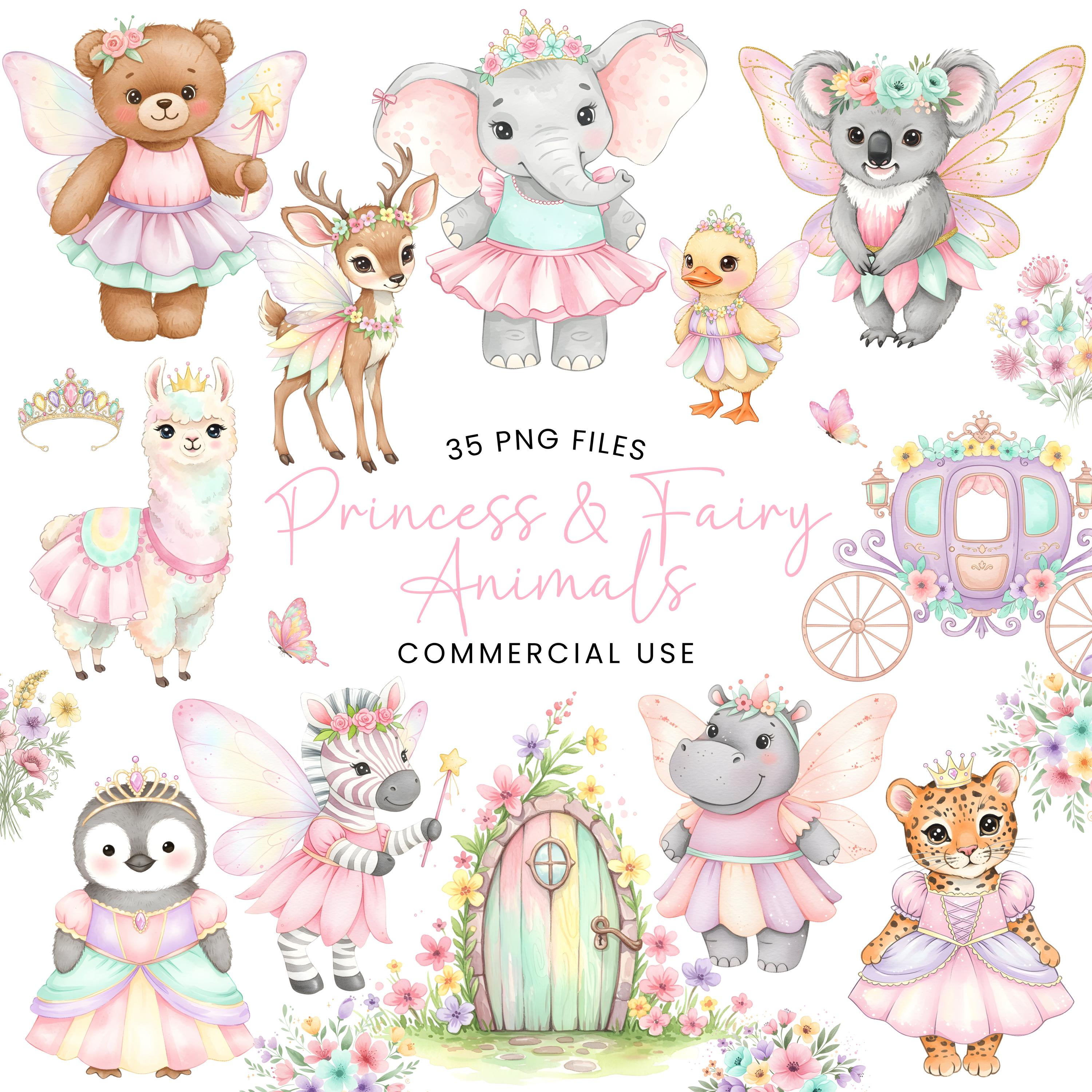 Princess Fairy Animal Clipart - Watercolor - Cute Animals - Fairytale ...
