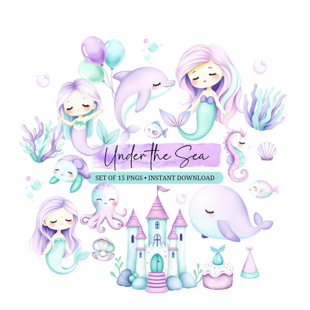 Pastel Mermaid Clipart - Watercolor - Under the Sea - Png - Sea Animals ...