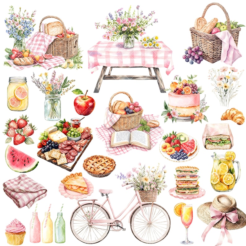 Picnic Clipart Bundle - Watercolor - Spring - Summer - Pink Picnic ...