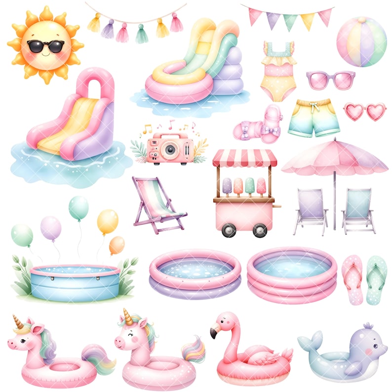 Pastel Pool Party Clipart - Watercolor - Cute Summer Clipart - Girl's ...