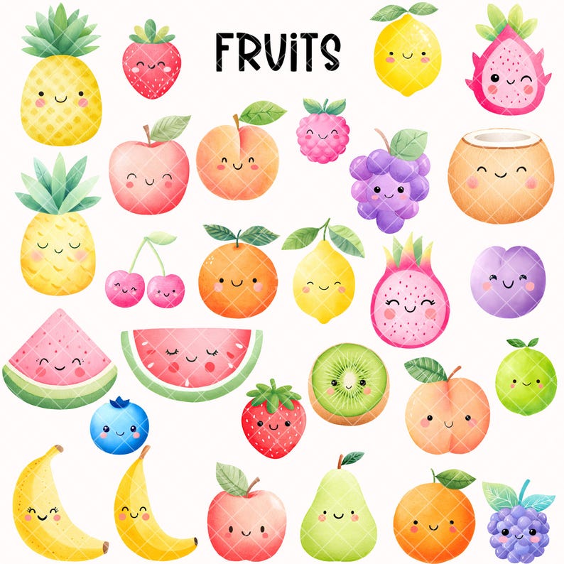 Fruits and Veggies Clipart - Watercolor - Cute Kawaii Png - Commercial ...