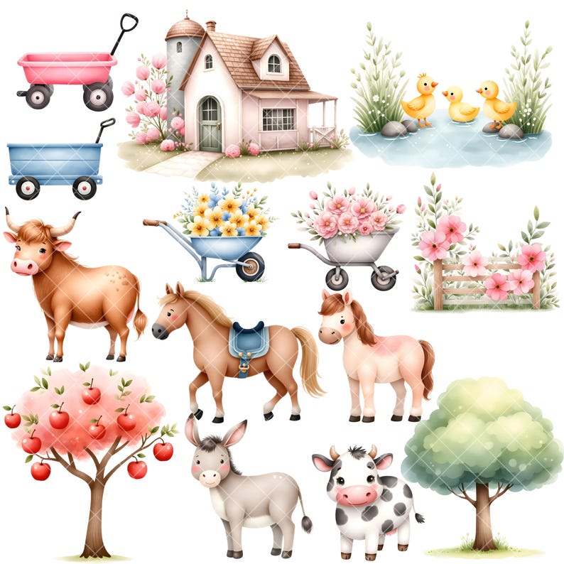 Cute Spring Farm Clipart - Watercolor - Kids Clipart - Farm Clipart ...