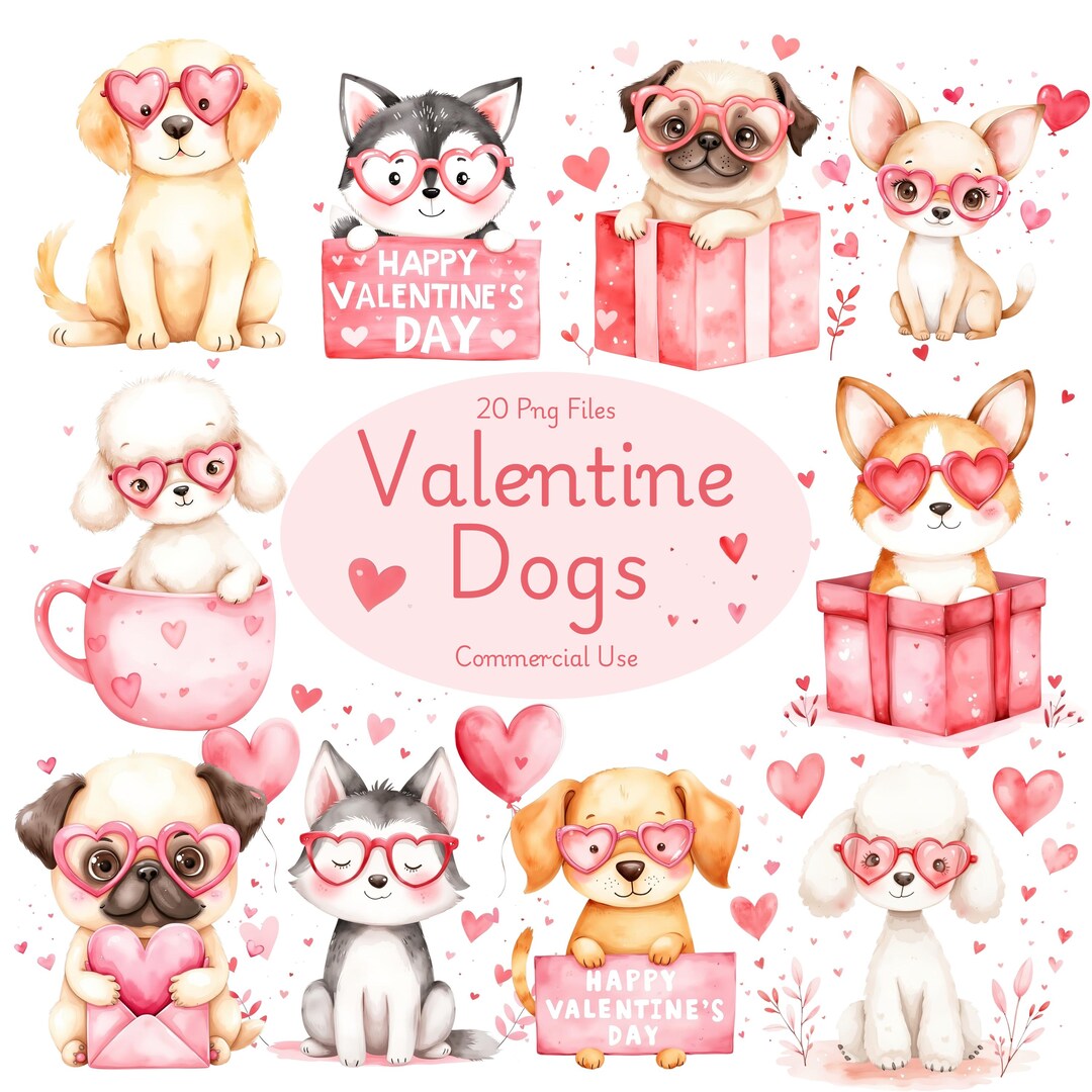 Cute Valentine's Day Clipart - Watercolor - Valentine Dogs - Png - Kids ...