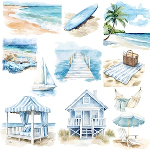 Coastal Summer Clipart - Watercolor - Beach Png - Blue Summer - Preppy ...
