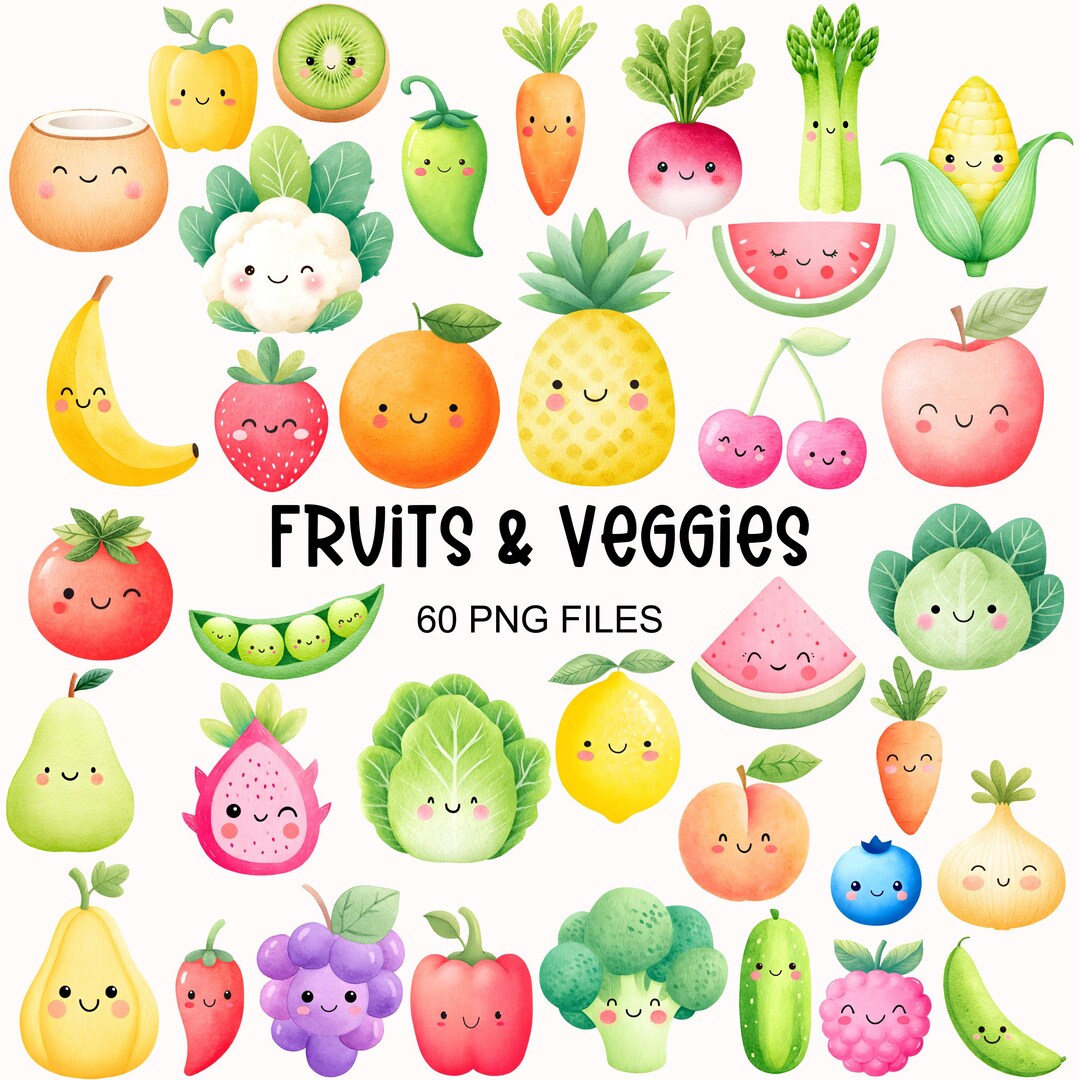 Fruits and Veggies Clipart - Watercolor - Cute Kawaii Png - Commercial ...