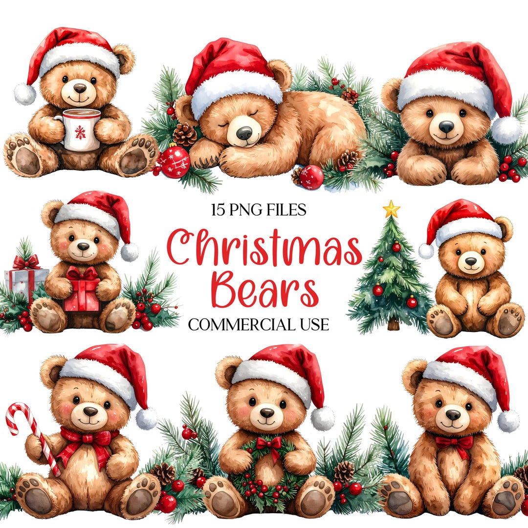 Christmas Bears Clipart - Watercolor - Cute Christmas Png - Teddy Bear ...