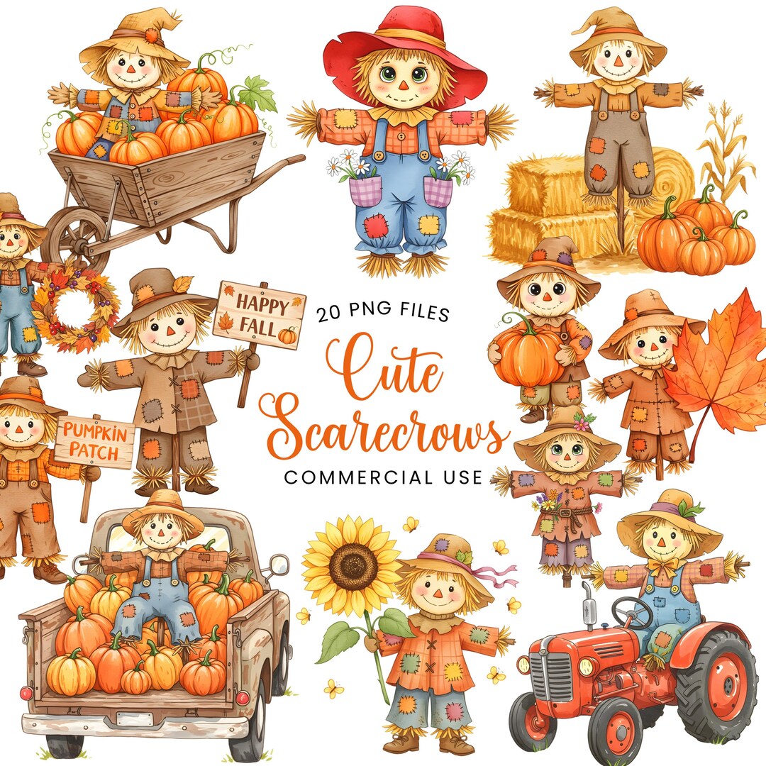 Cute Scarecrow Clipart - Watercolor - Fall Clipart - Scarecrow ...