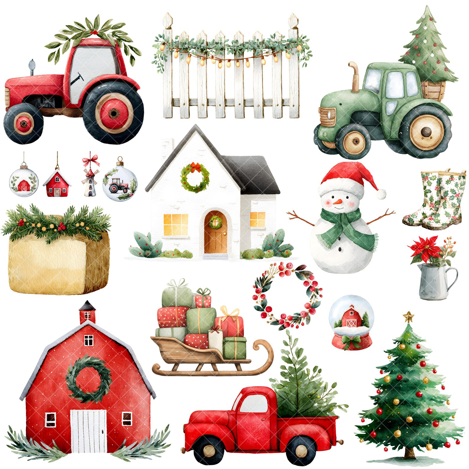 Farm Christmas Clipart - Watercolor - Cute Christmas Png - Farm Animals ...