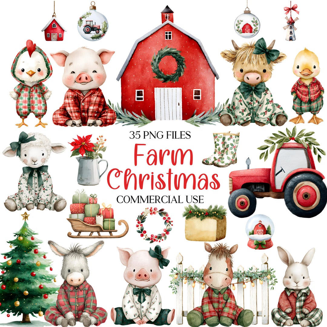 Farm Christmas Clipart - Watercolor - Cute Christmas Png - Farm Animals ...