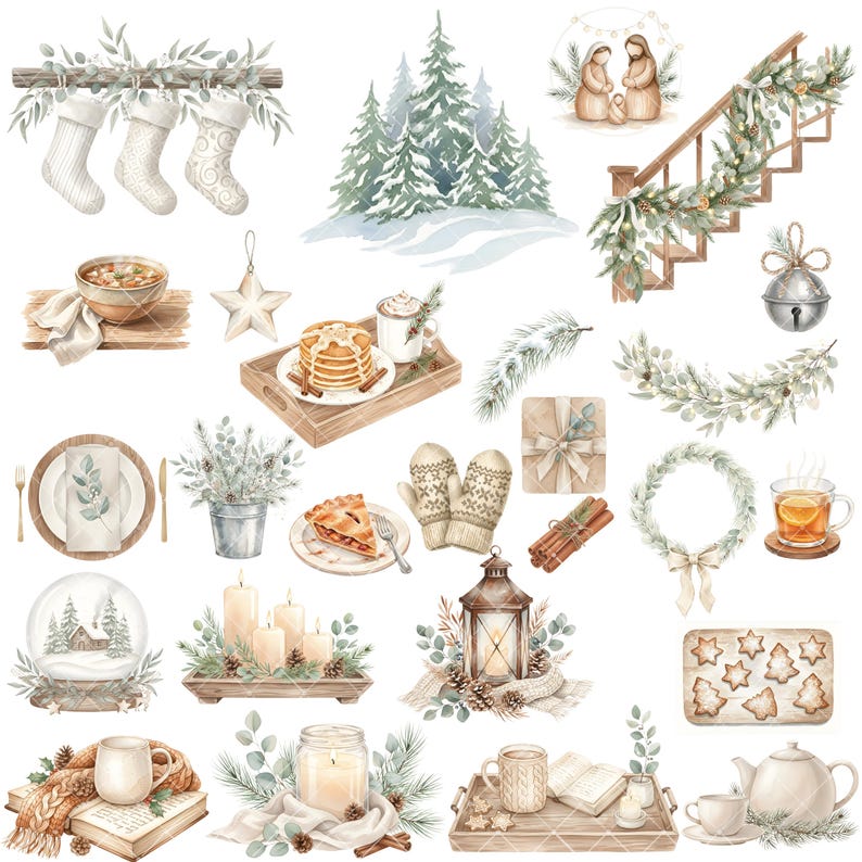 Hygge Christmas Clipart - Watercolor - Neutral Christmas Png - Cozy ...