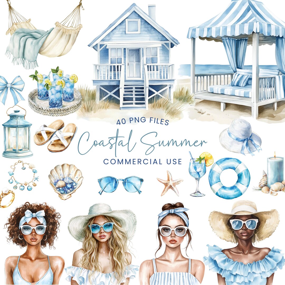 Coastal Summer Clipart - Watercolor - Beach Png - Blue Summer - Preppy ...