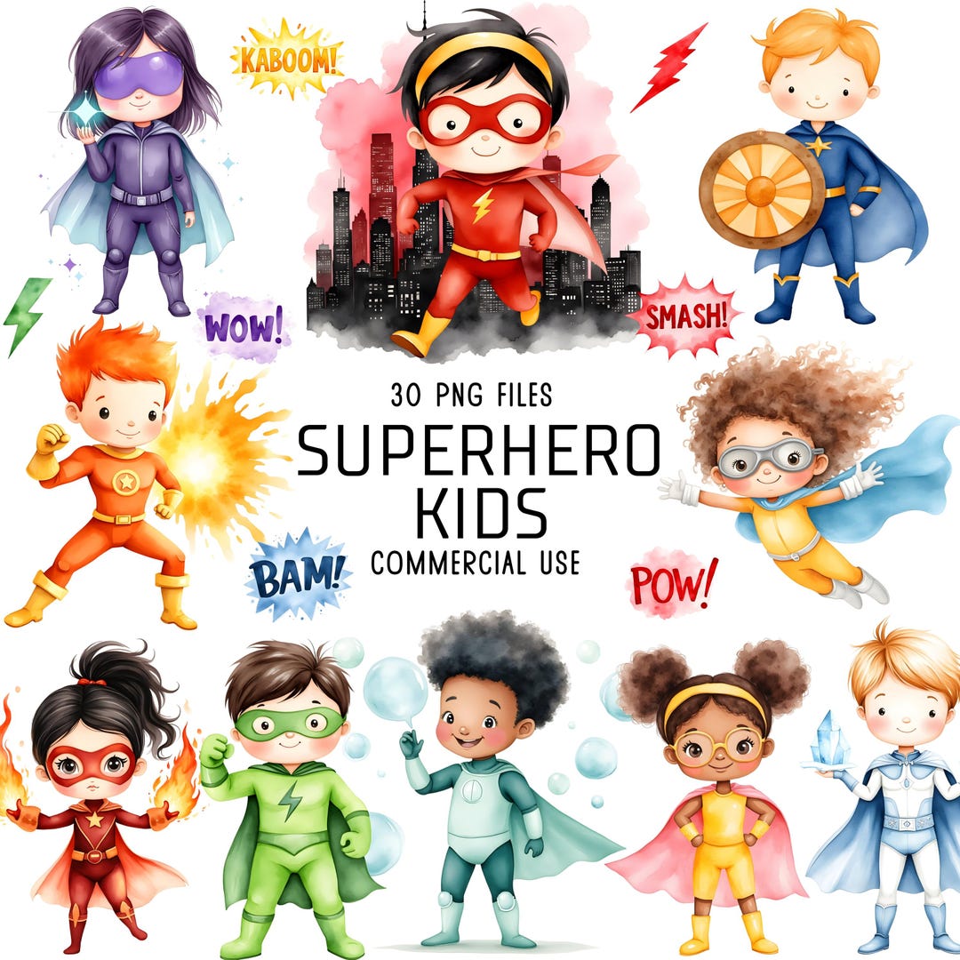 Superhero Kids Clipart - Watercolor - Cute Superhero Png - Kids Clipart ...
