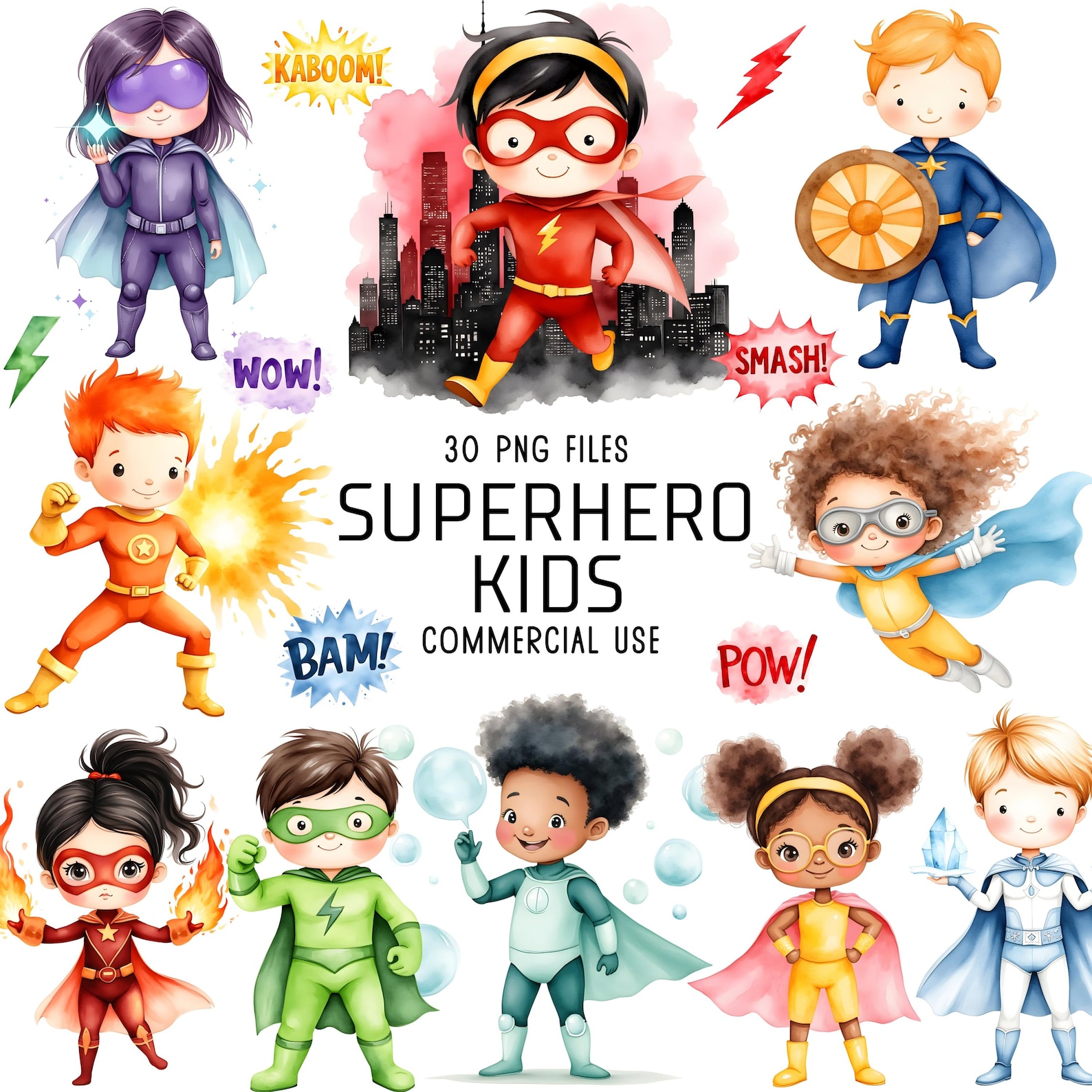 Superhero Kids Clipart - Watercolor - Cute Superhero Png - Kids Clipart ...