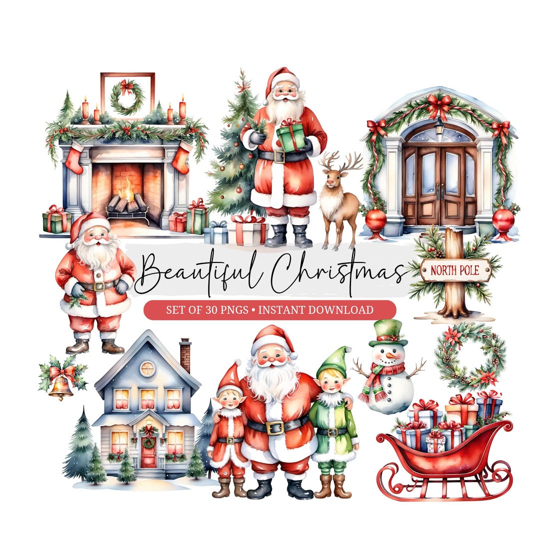 Watercolor Christmas Clipart - Santa Claus - Vintage - Elf - Reindeer ...