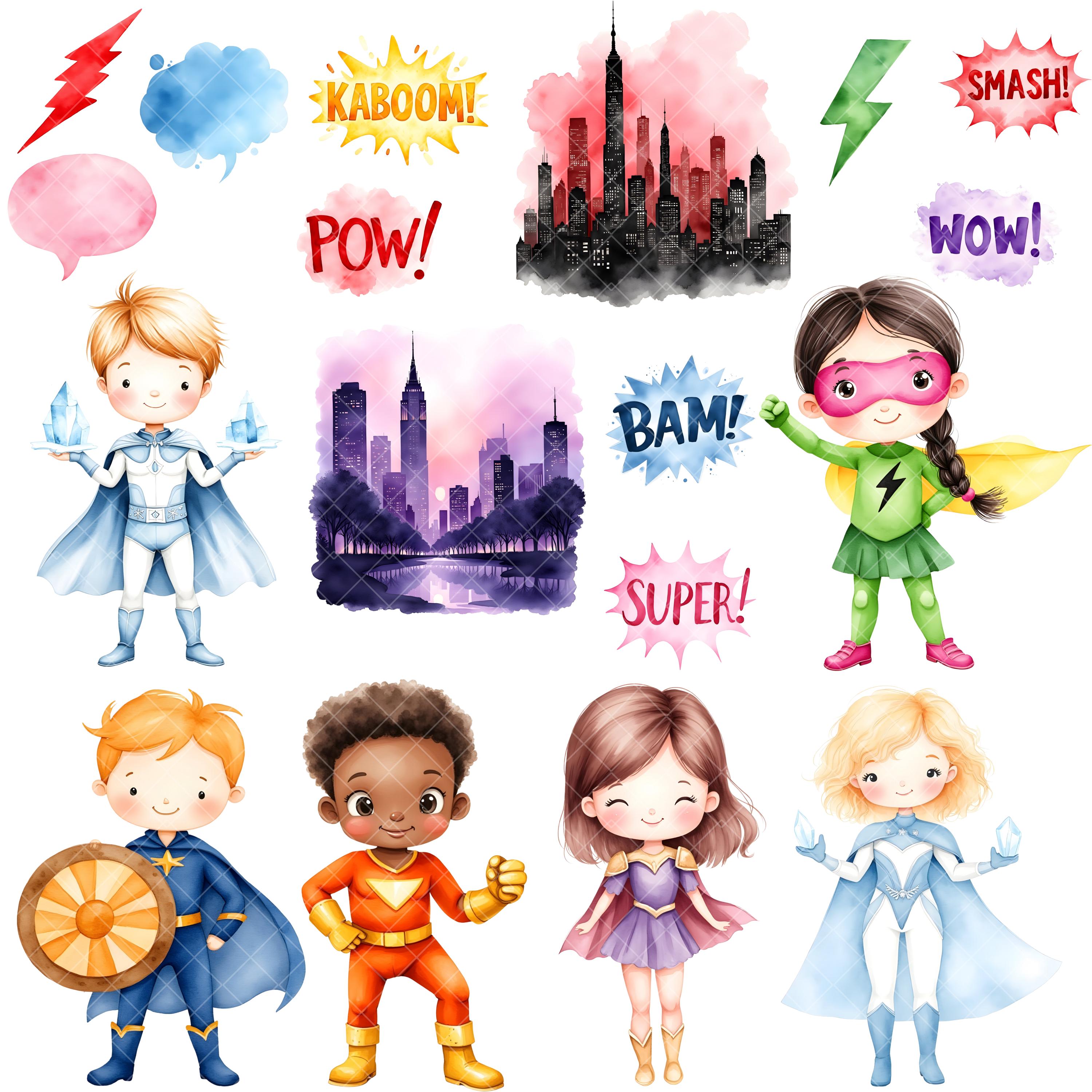 Superhero Kids Clipart - Watercolor - Cute Superhero Png - Kids Clipart ...
