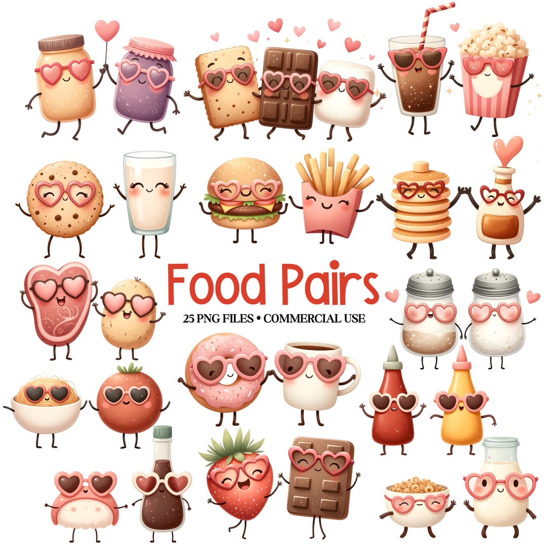 Valentine Food Pairs Clipart - Watercolor - Cute Valentine's Day ...