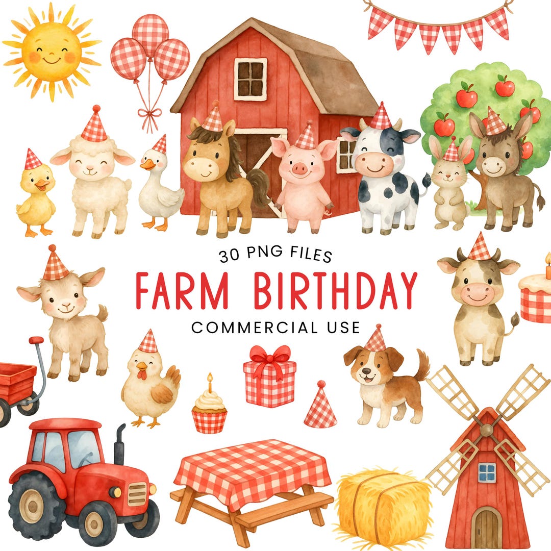 Farm Birthday Clipart - Watercolor - Cute Farm Animals - Png - Kids ...
