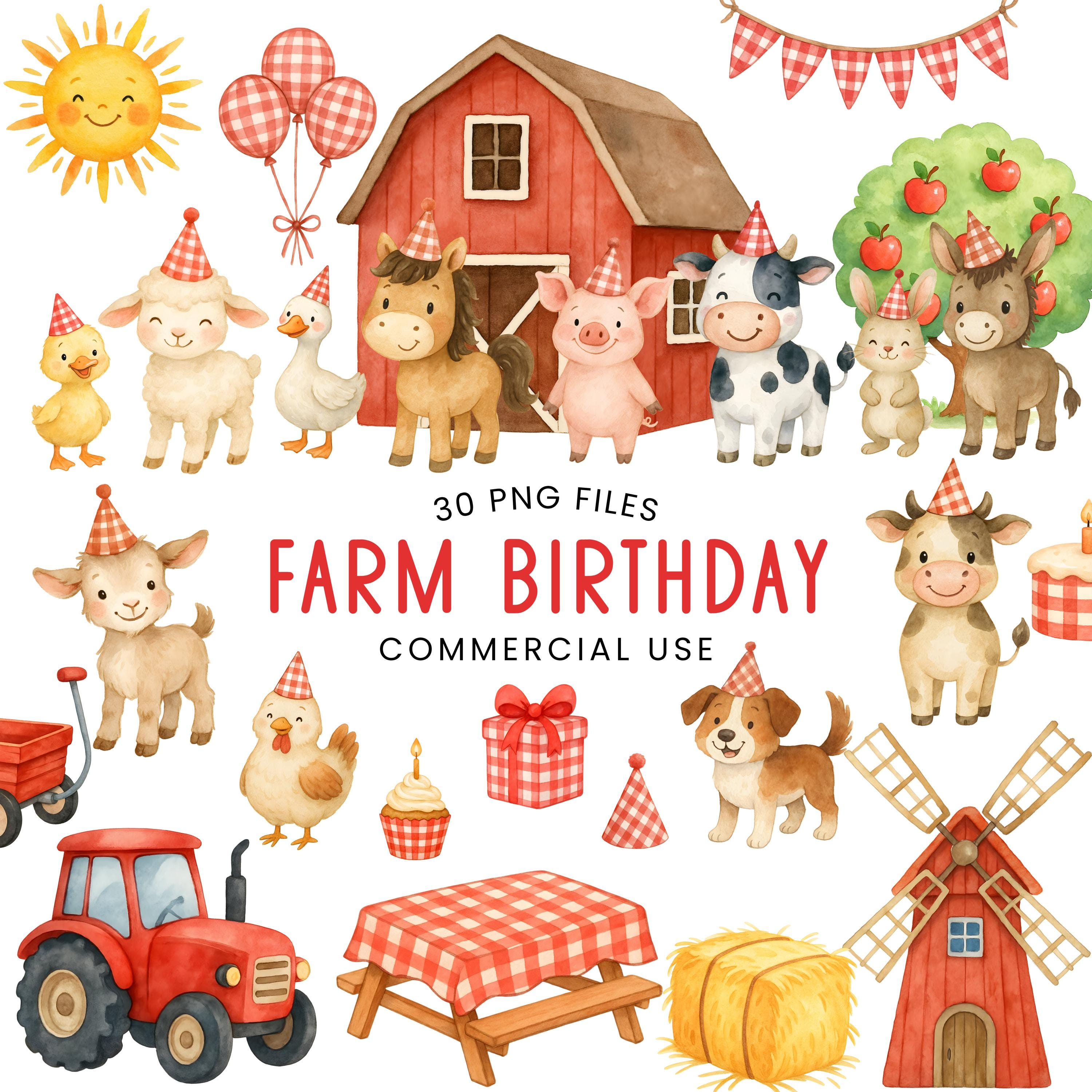 Farm Birthday Clipart - Watercolor - Cute Farm Animals - Png - Kids ...