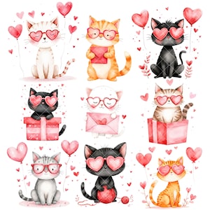 Cute Valentine Cat Clipart - Watercolor - Valentine Cats Clipart - Png ...