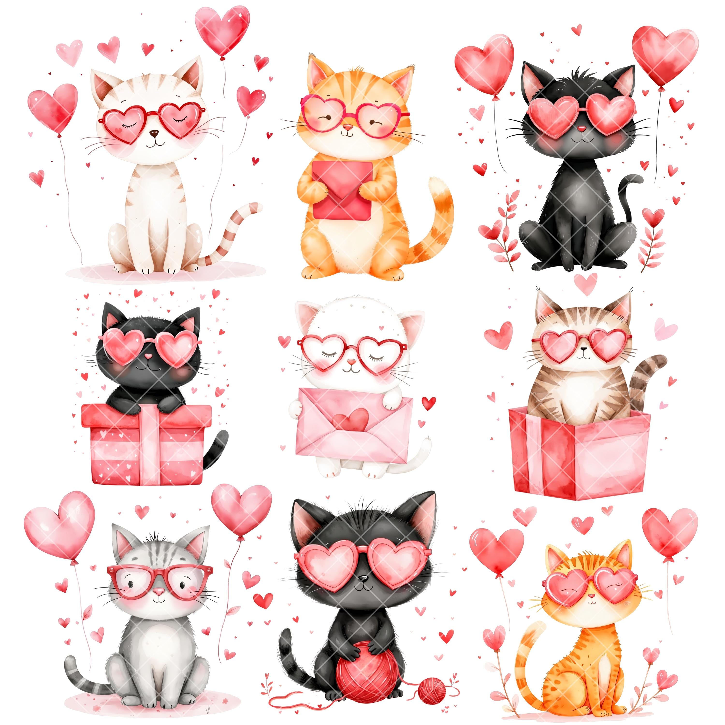 Cute Valentine Cat Clipart - Watercolor - Valentine Cats Clipart - Png ...