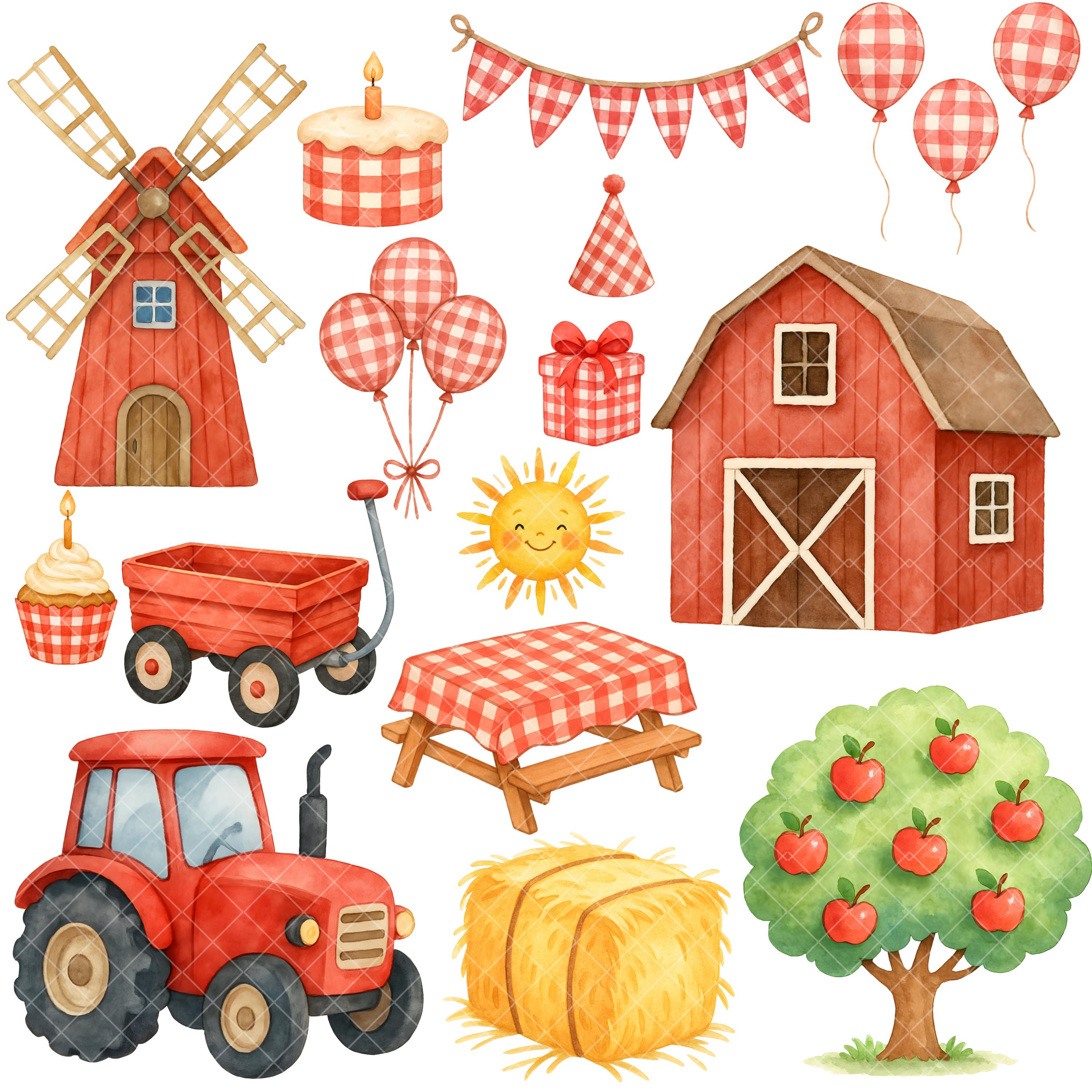 Farm Birthday Clipart - Watercolor - Cute Farm Animals - Png - Kids ...