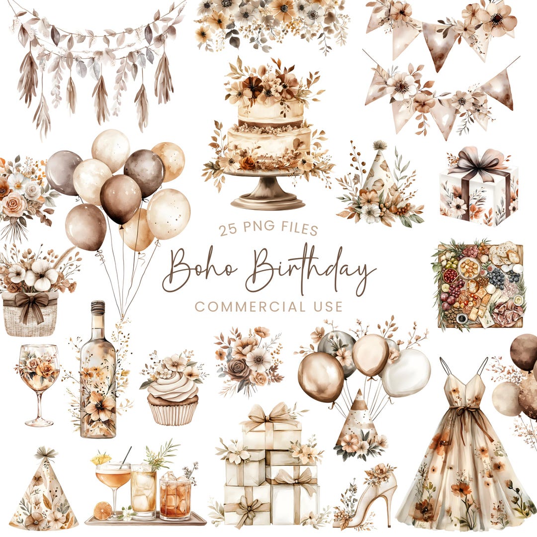 Boho Birthday Clipart - Watercolor - Floral Party Png - Boho - Neutral ...