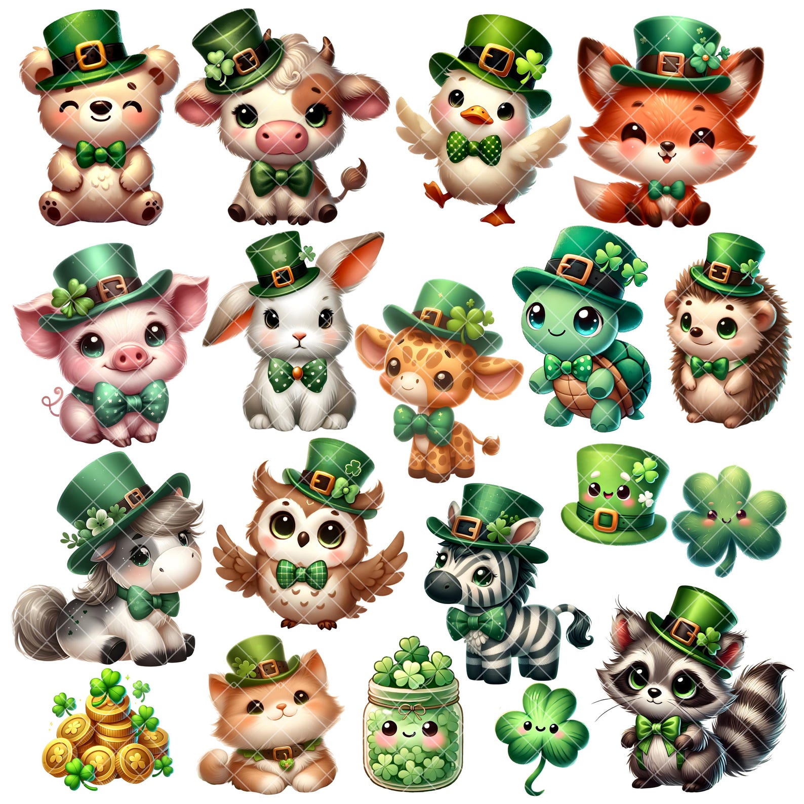 Cute St. Patrick's Clipart - Watercolor - Animal Png - Shamrocks - St ...