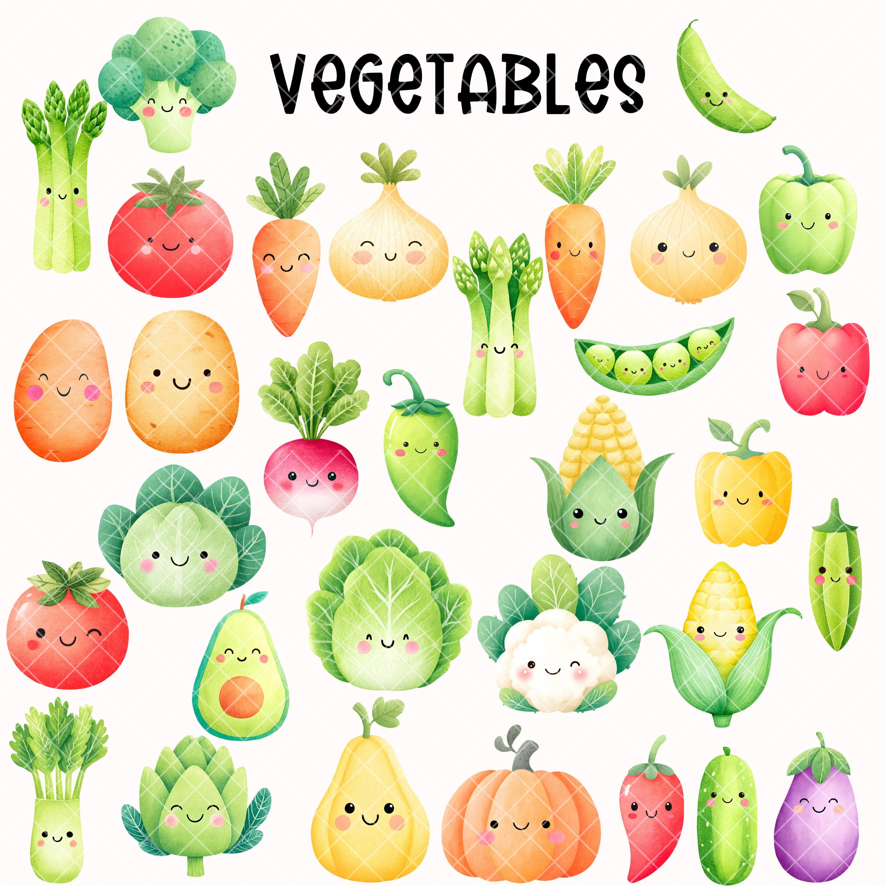 Fruits and Veggies Clipart - Watercolor - Cute Kawaii Png - Commercial ...