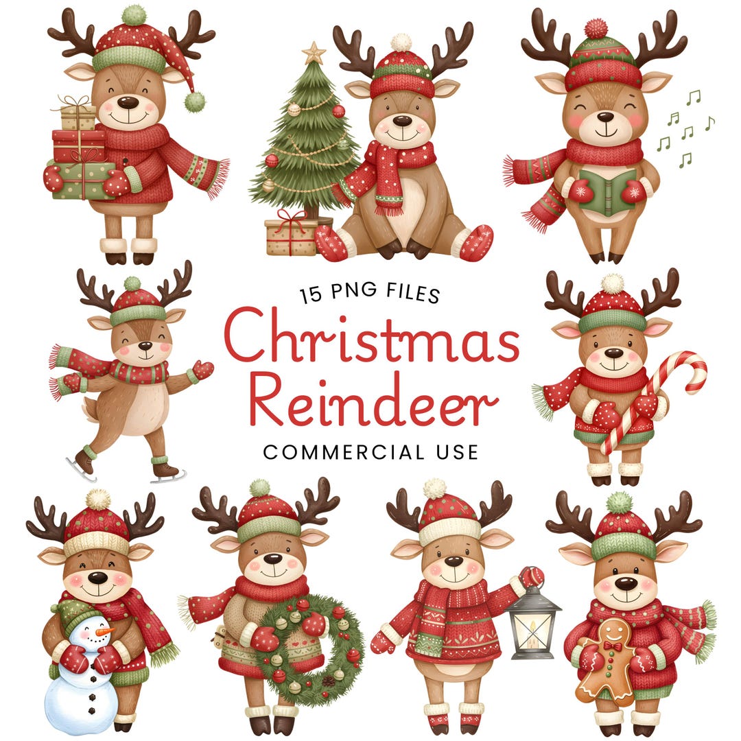 Christmas Reindeer Clipart - Watercolor - Cute Christmas Png - Reindeer ...