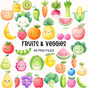 Fruits and Veggies Clipart - Watercolor - Cute Kawaii Png - Commercial ...