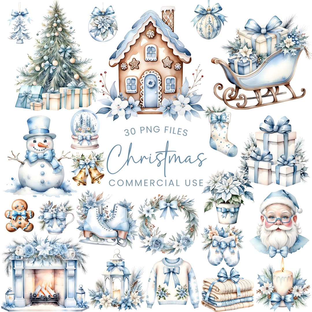 Blue Christmas Clipart - Watercolor - Winter Png - Pastel Christmas ...