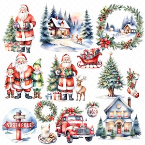 Watercolor Christmas Clipart - Santa Claus - Vintage - Elf - Reindeer ...