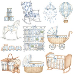Vintage Blue Baby Clipart - Watercolor - Toile - Floral - Nursery Art ...