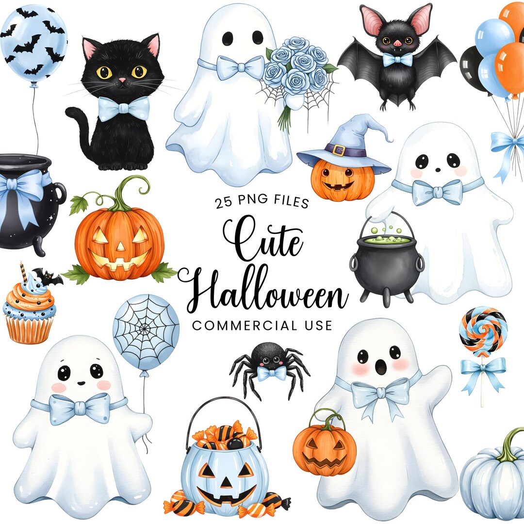 Cute Halloween Clipart - Watercolor - Ghost - Pumpkin - Cat - Spider ...