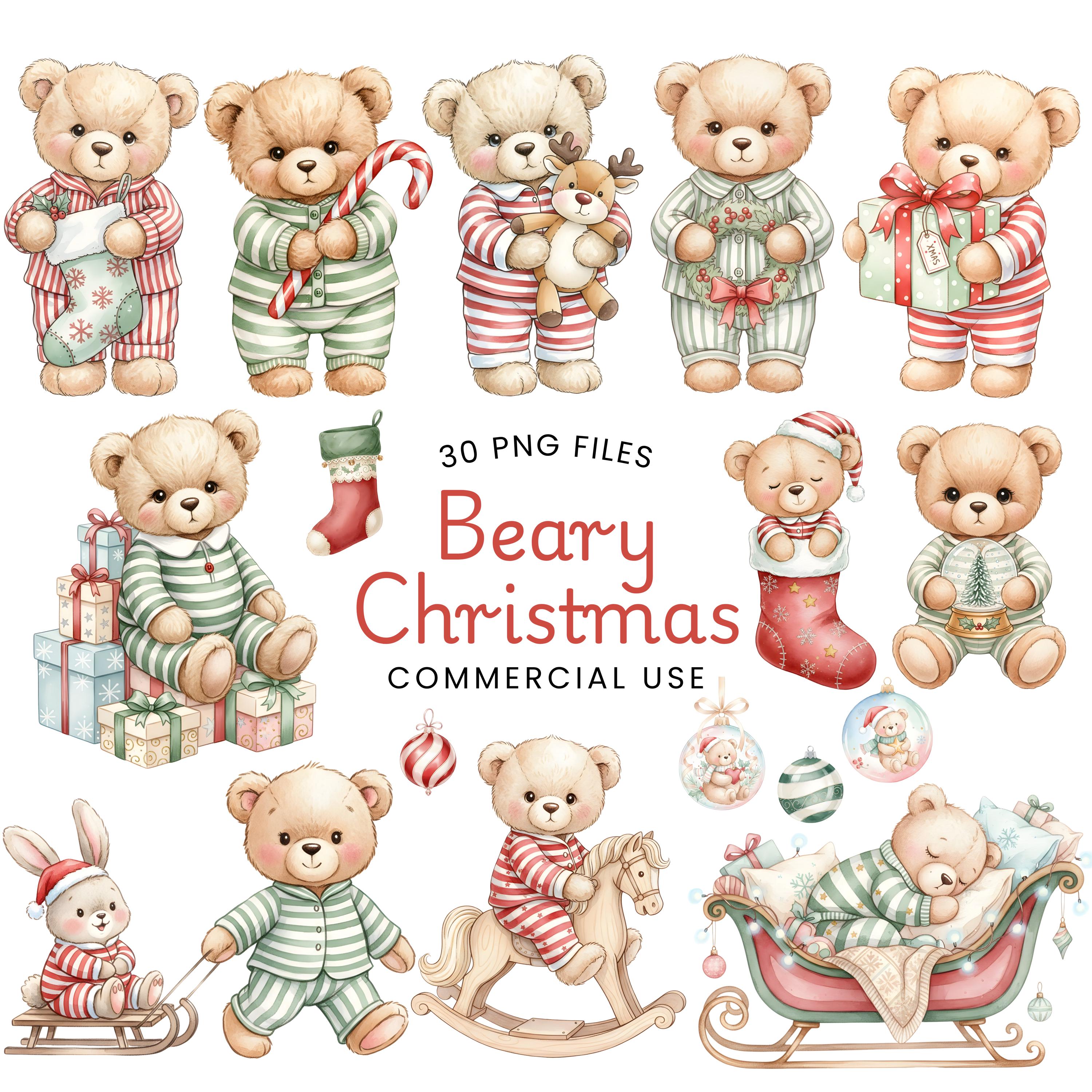 Beary Christmas Clipart - Watercolor - Cute Teddy Bears - Bear Png ...
