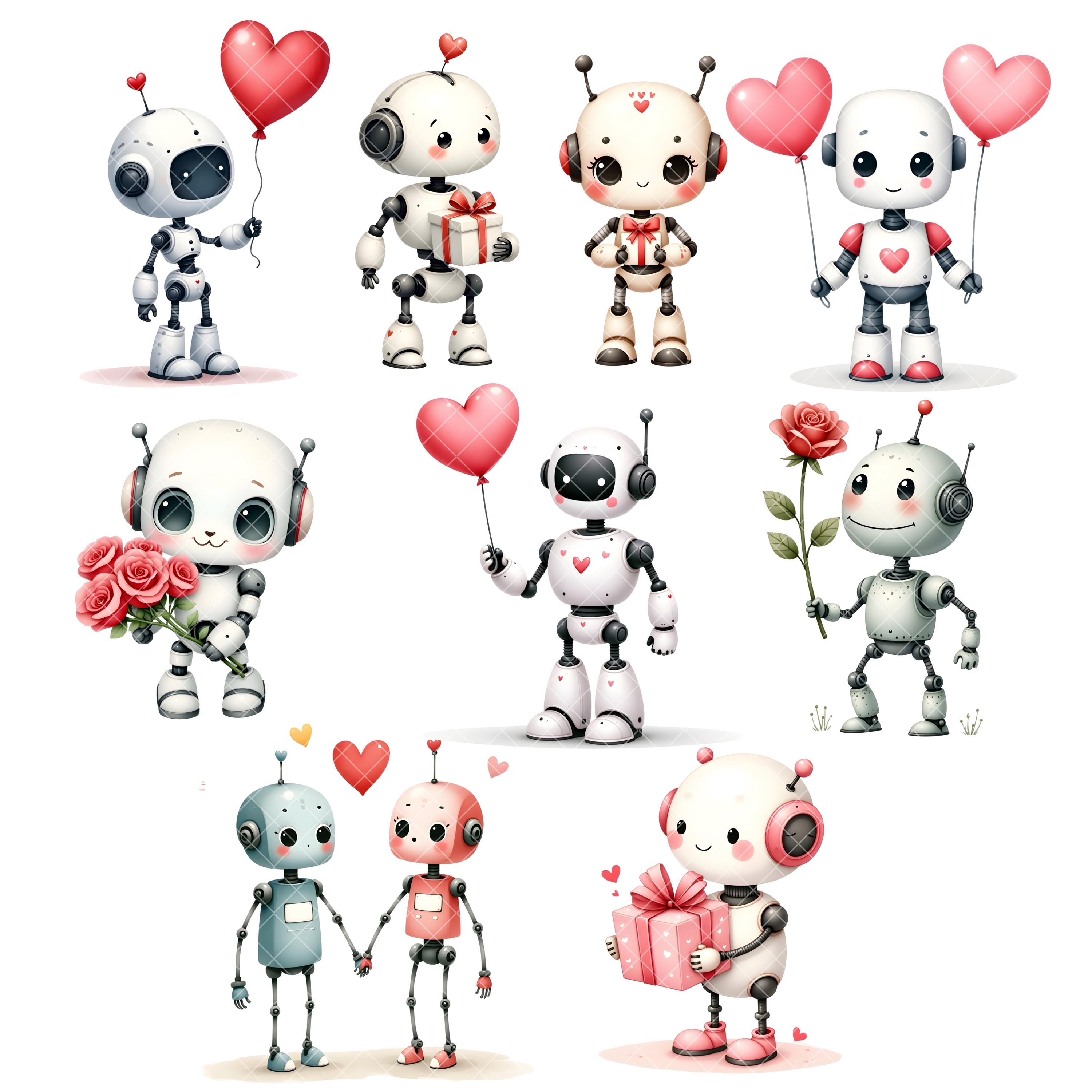 Valentine Robots Clipart - Watercolor - Valentine Png - Cute Robot ...
