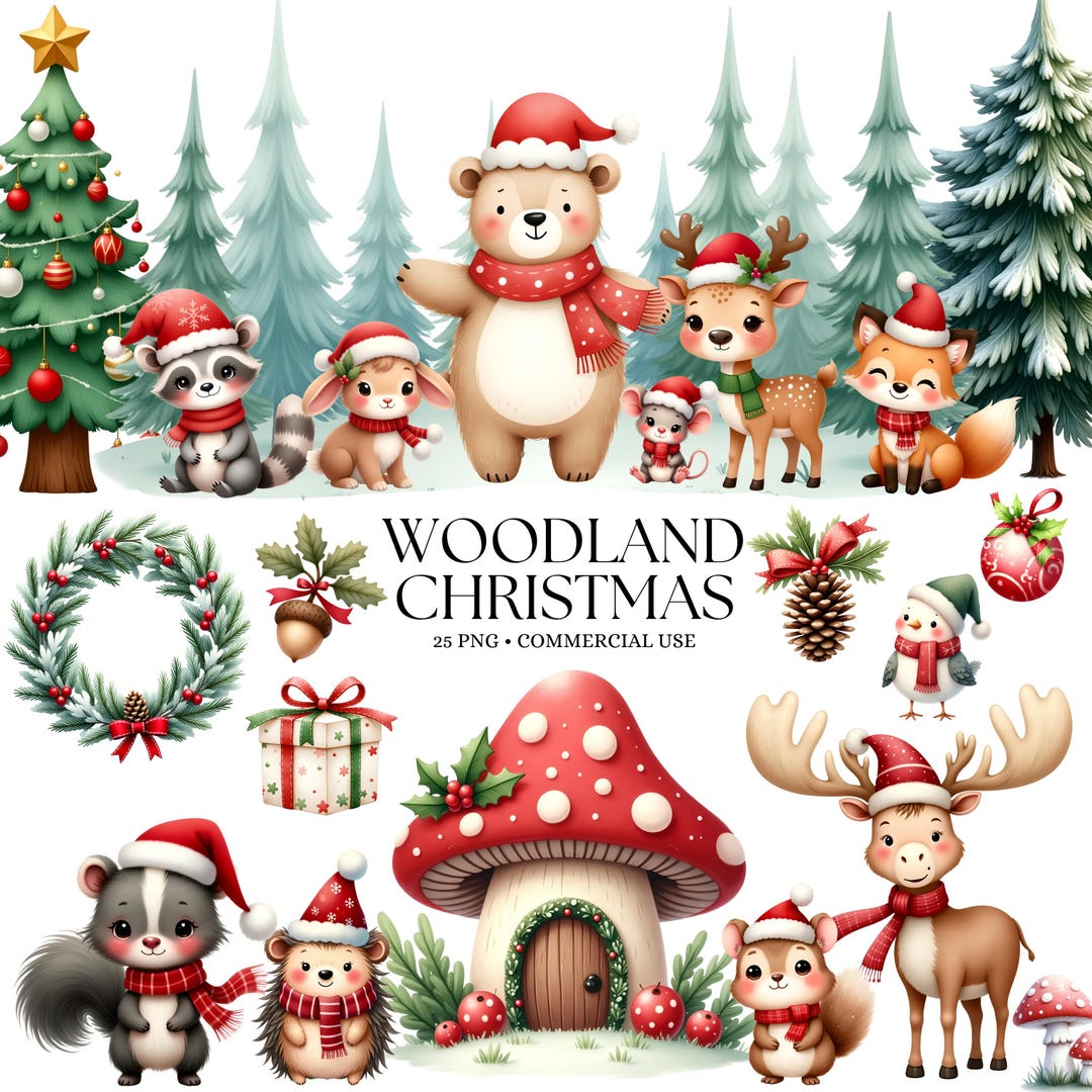 Woodland Christmas Clipart - Watercolor - Cute Animals Png - Winter ...